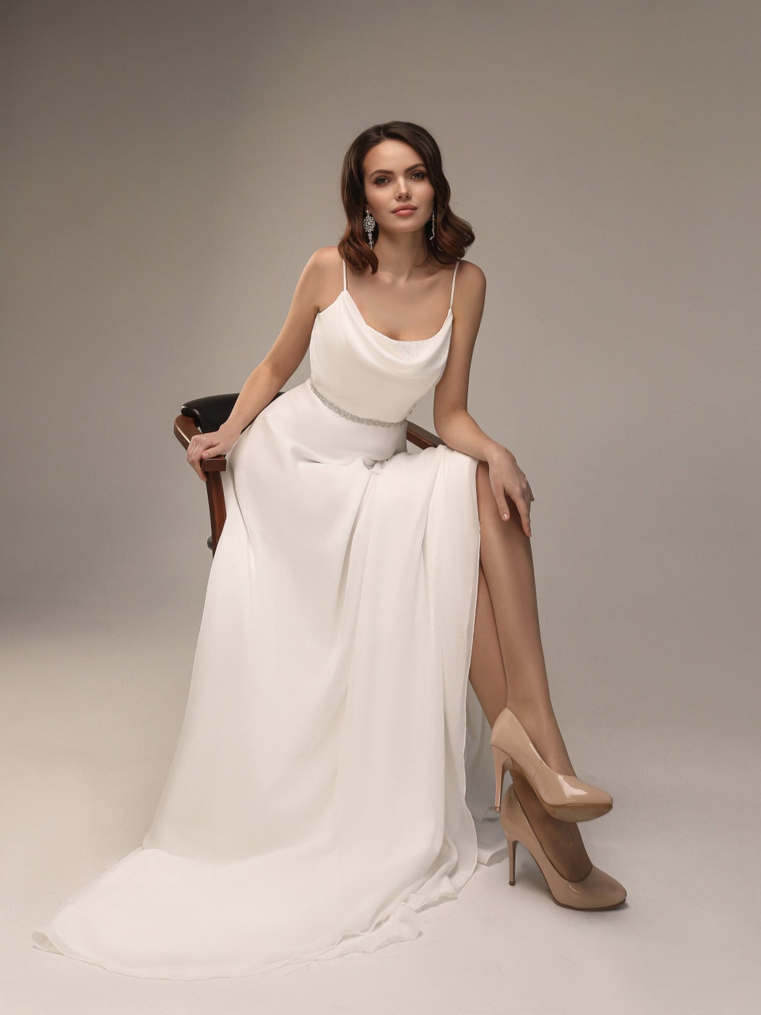 Simple and Elegant Wedding Dress, Thin Straps Wedding Dress, Chiffon ...