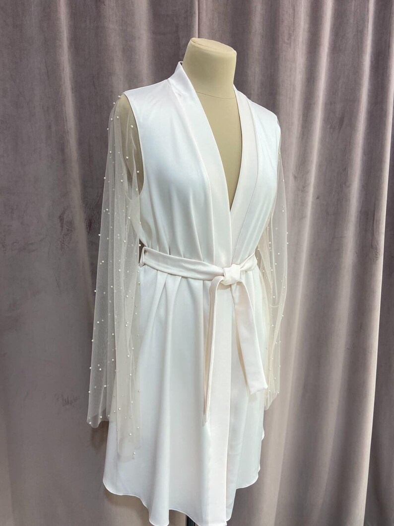 Midi Peignoir for Bridal, Peignoir With Long Sleeves Decorated Pearls ...
