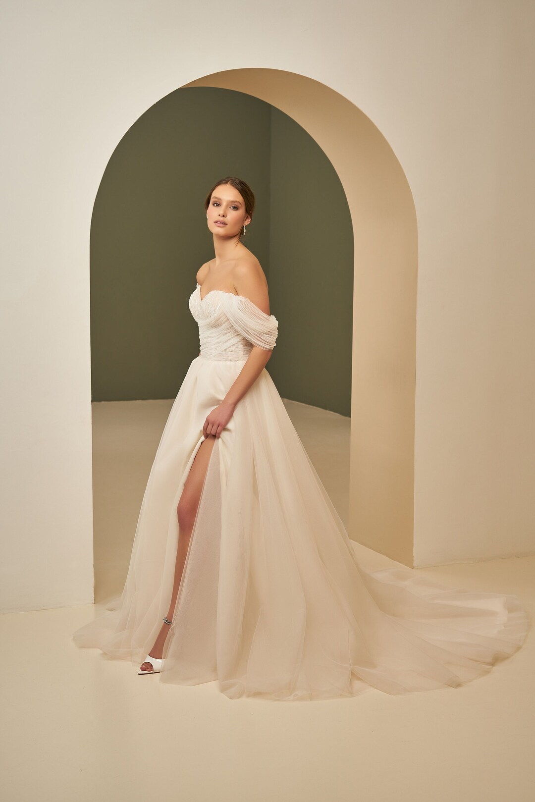 Unique Boho off Shoulder Wedding Dress, High Split Beach Boho Wedding ...