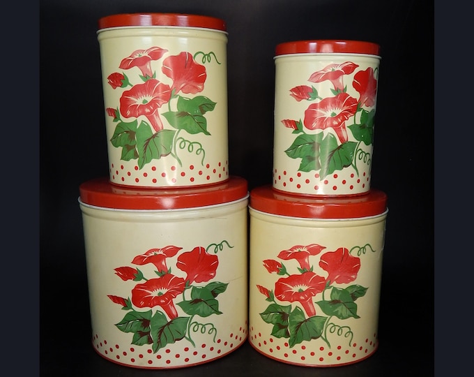 Vintage Tin Canister Set With Red Flower Design - Etsy