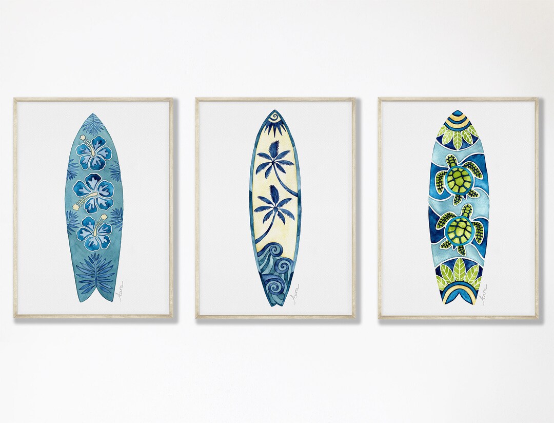 Surfboard Watercolor Art Prints, Nautical Beach House Gift, Set of 3 ...