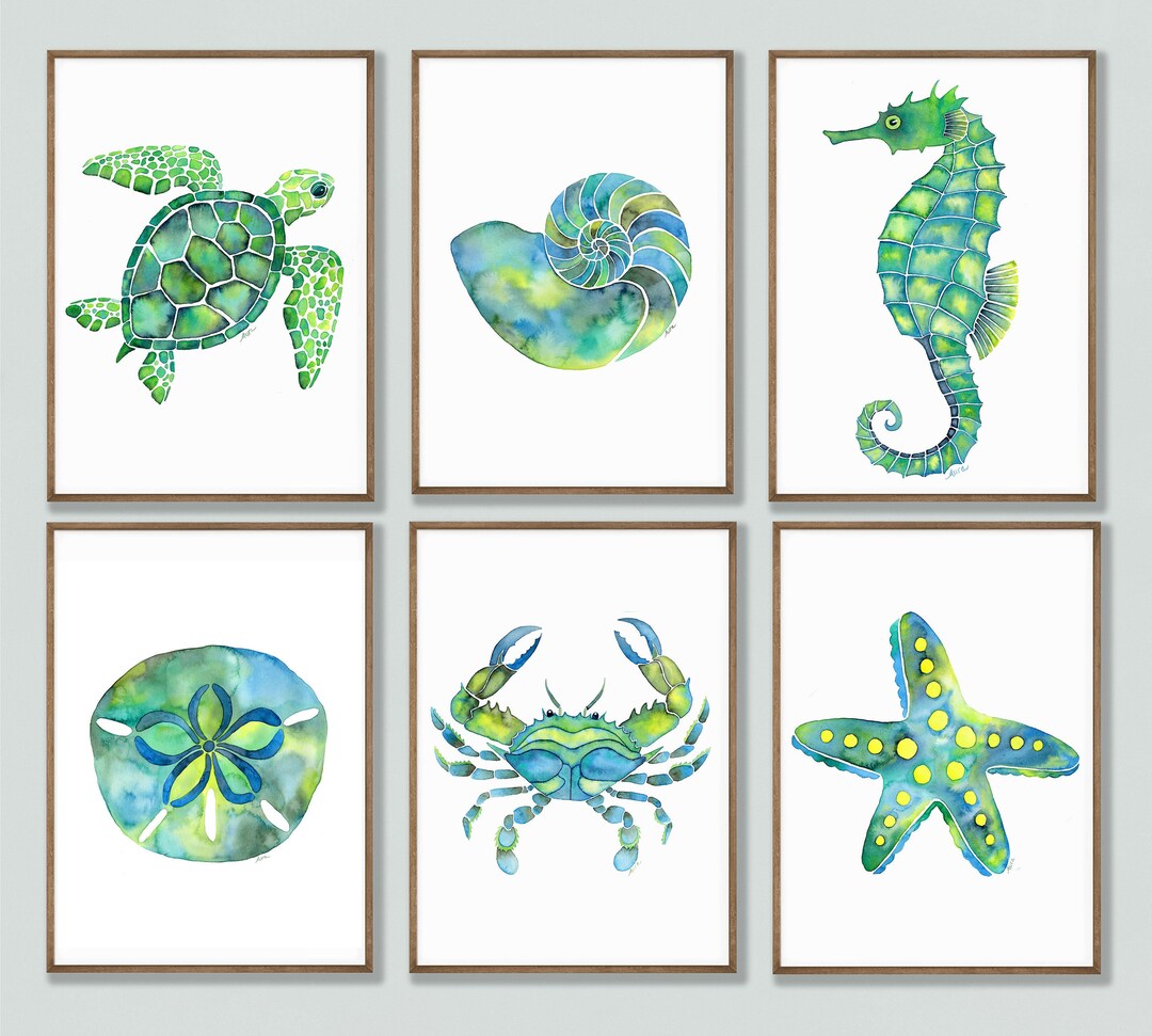 Ocean Animals Digital Prints Set of 6, Beach Artwork, Nautical Wall Art ...