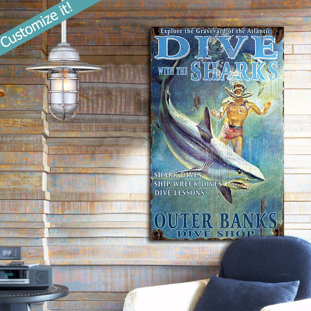 Personalized Vintage Scuba Diving Sign, Custom Scuba Diving With Sharks ...