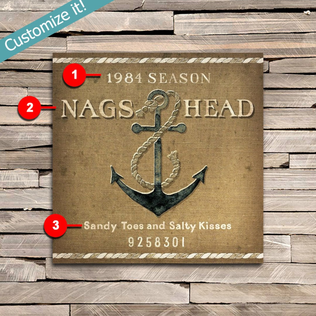 Retro Nags Head Wall Art, Wood Anchor Beach Tag Sign, Personalized ...