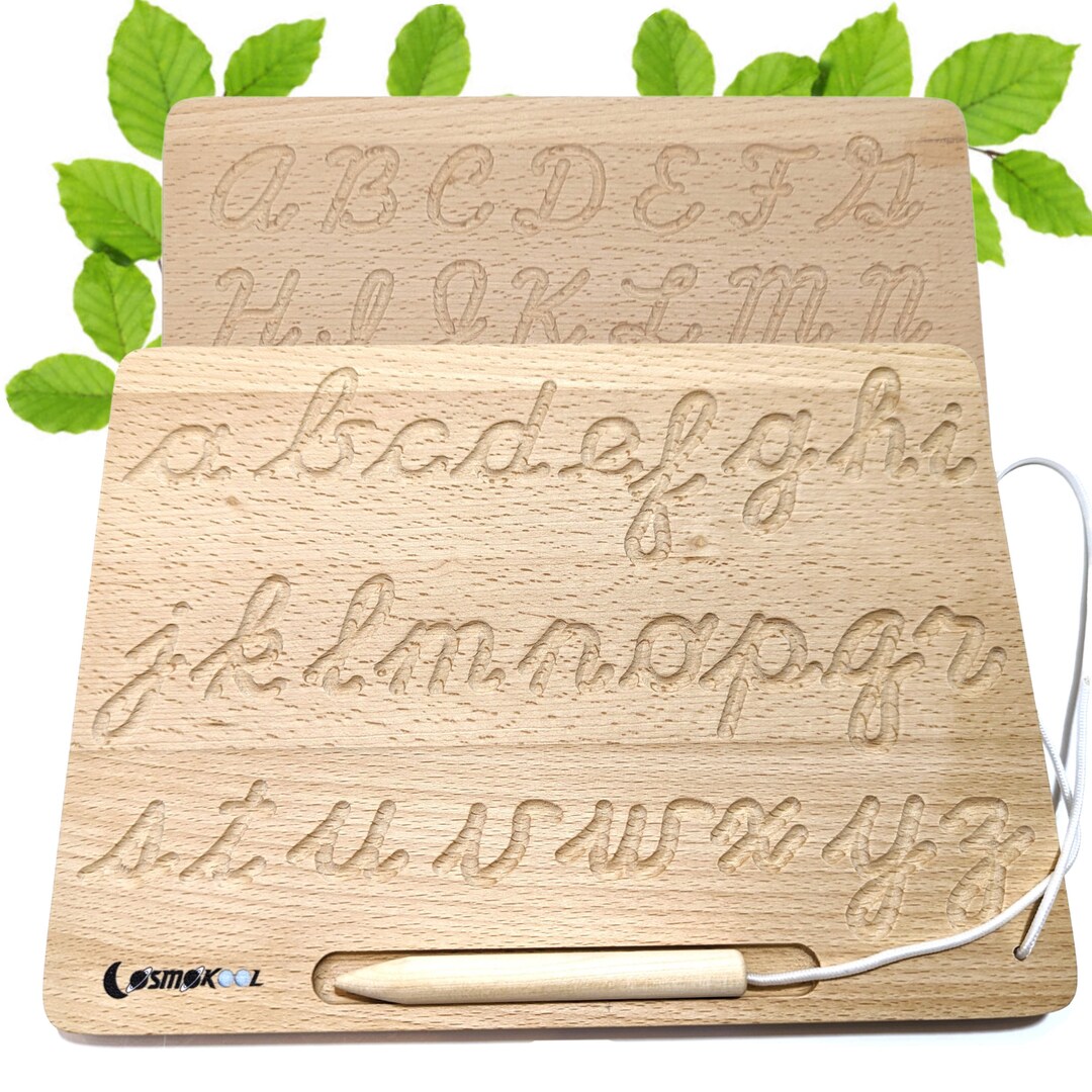 Montessori Cursive Alphabet Tracing Board | Reversible Natural Wood ABC ...