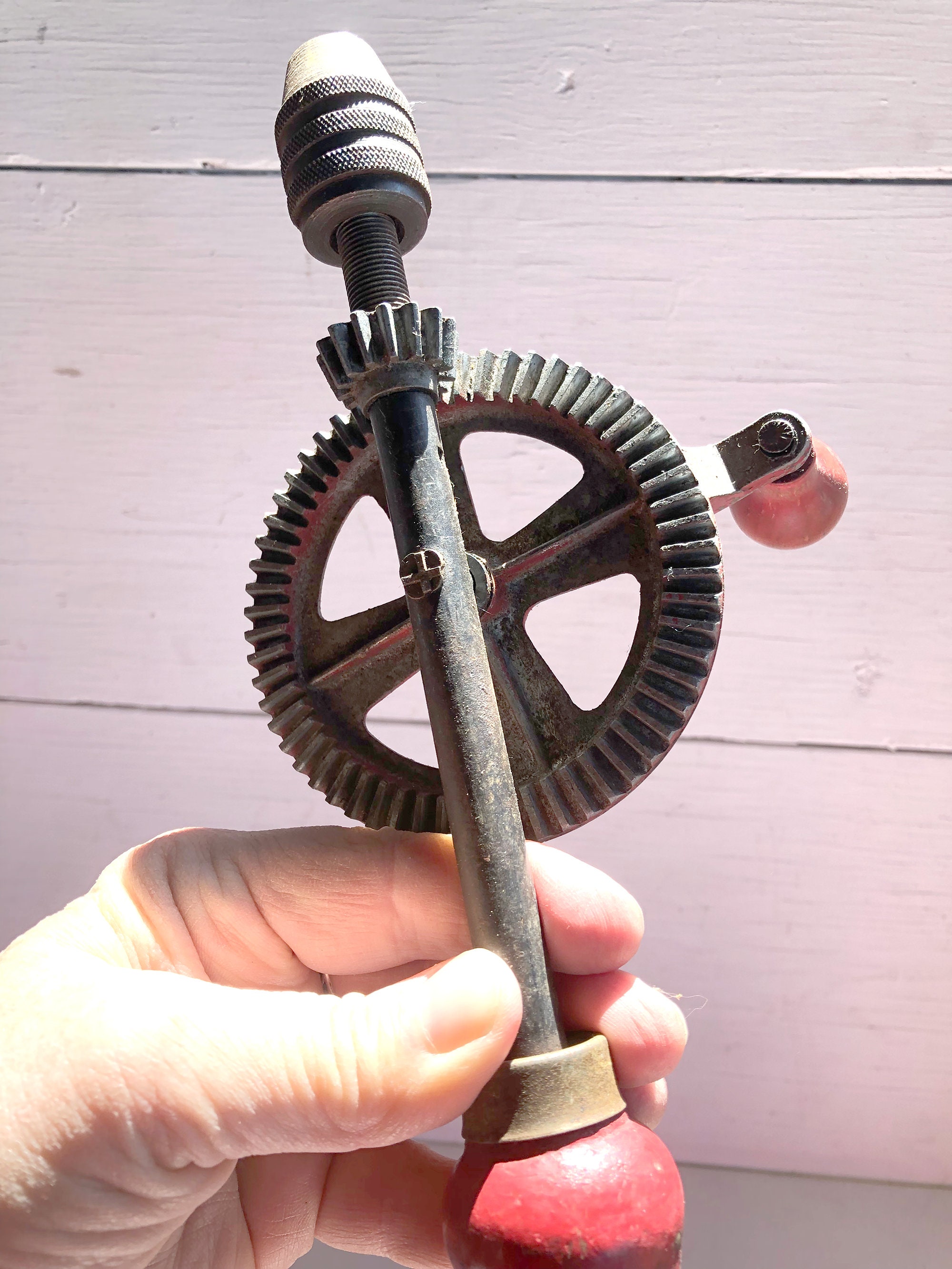 Vintage 1940s Red Metal Hand Drill With Rustic Wood Handle - Etsy