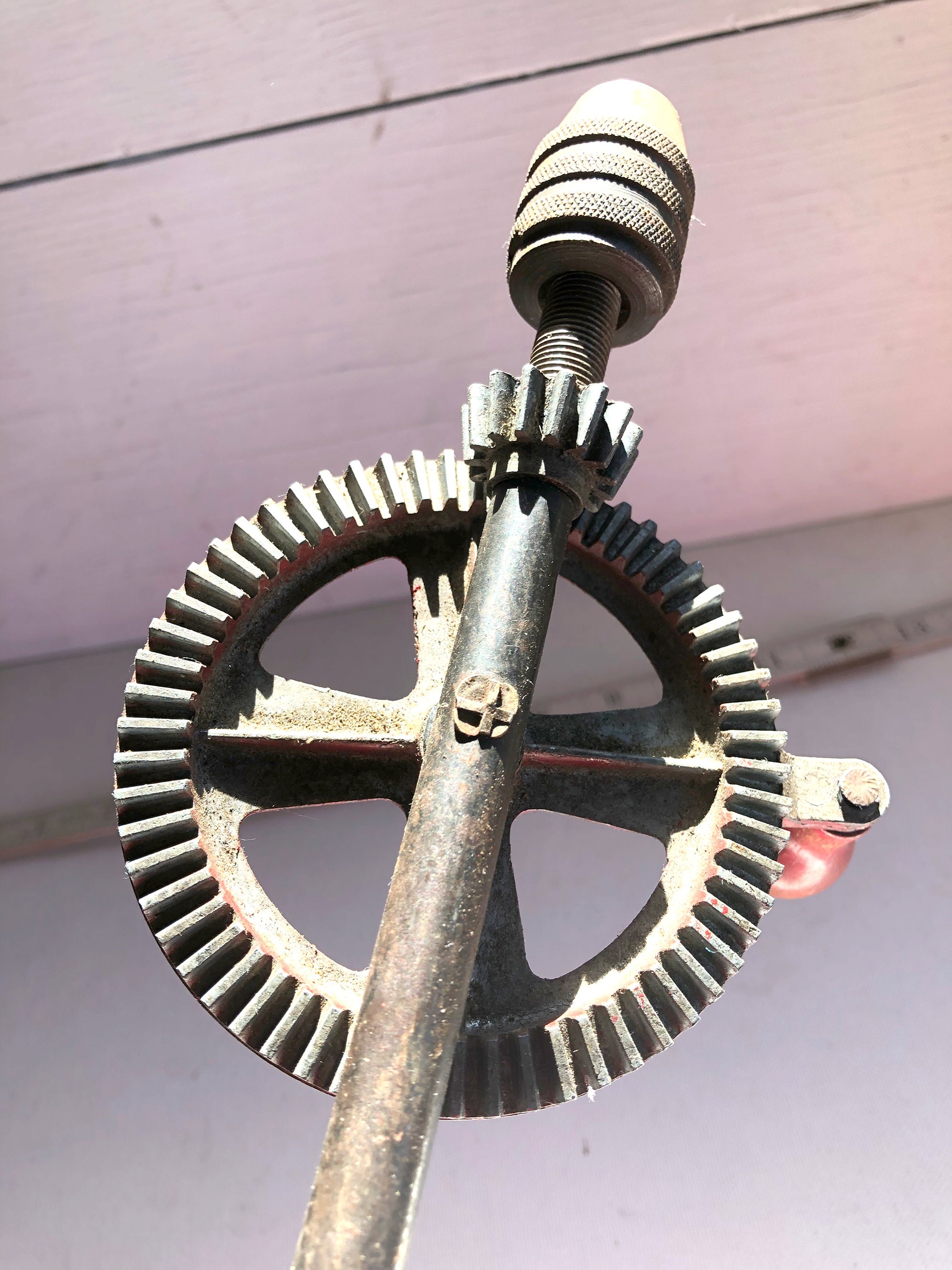 Vintage 1940s Red Metal Hand Drill With Rustic Wood Handle - Etsy