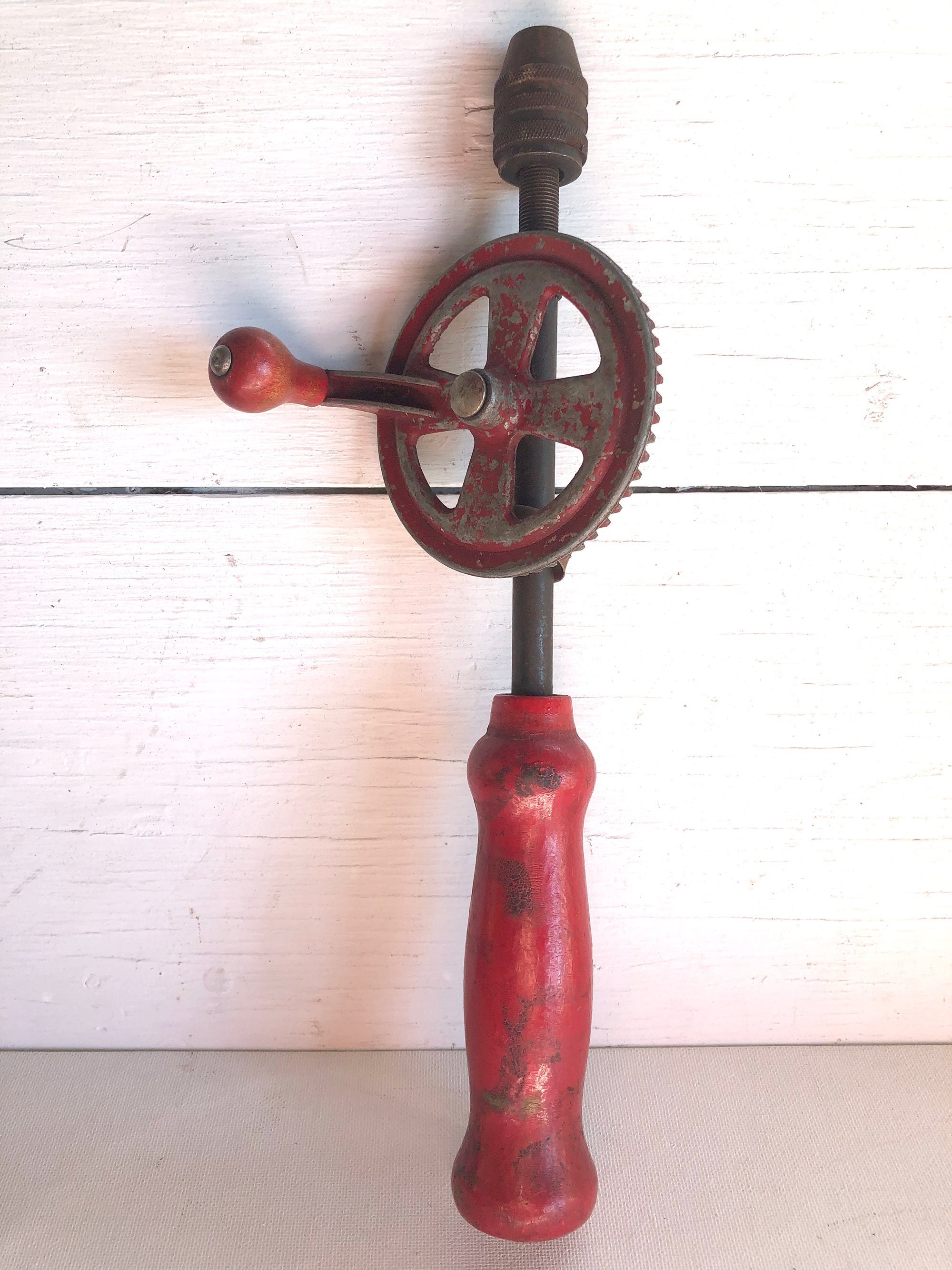 Vintage 1940s Red Metal Hand Drill With Rustic Wood Handle - Etsy