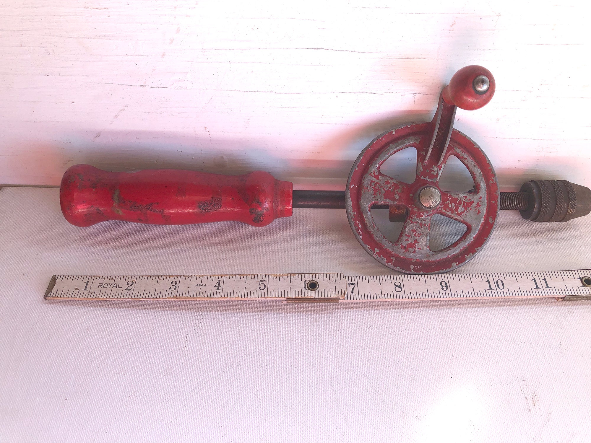 Vintage 1940s Red Metal Hand Drill With Rustic Wood Handle - Etsy
