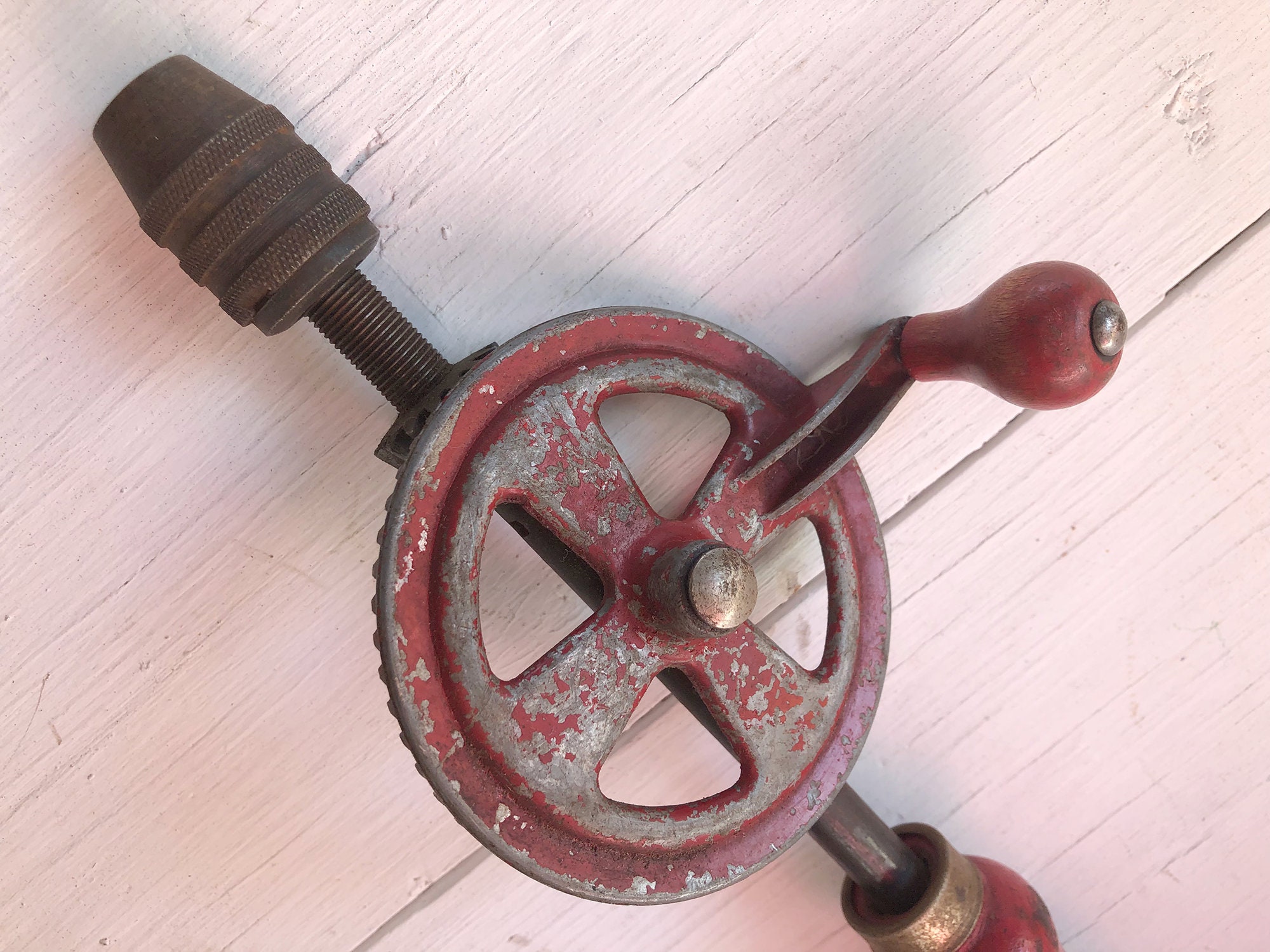 Vintage 1940s Red Metal Hand Drill With Rustic Wood Handle - Etsy