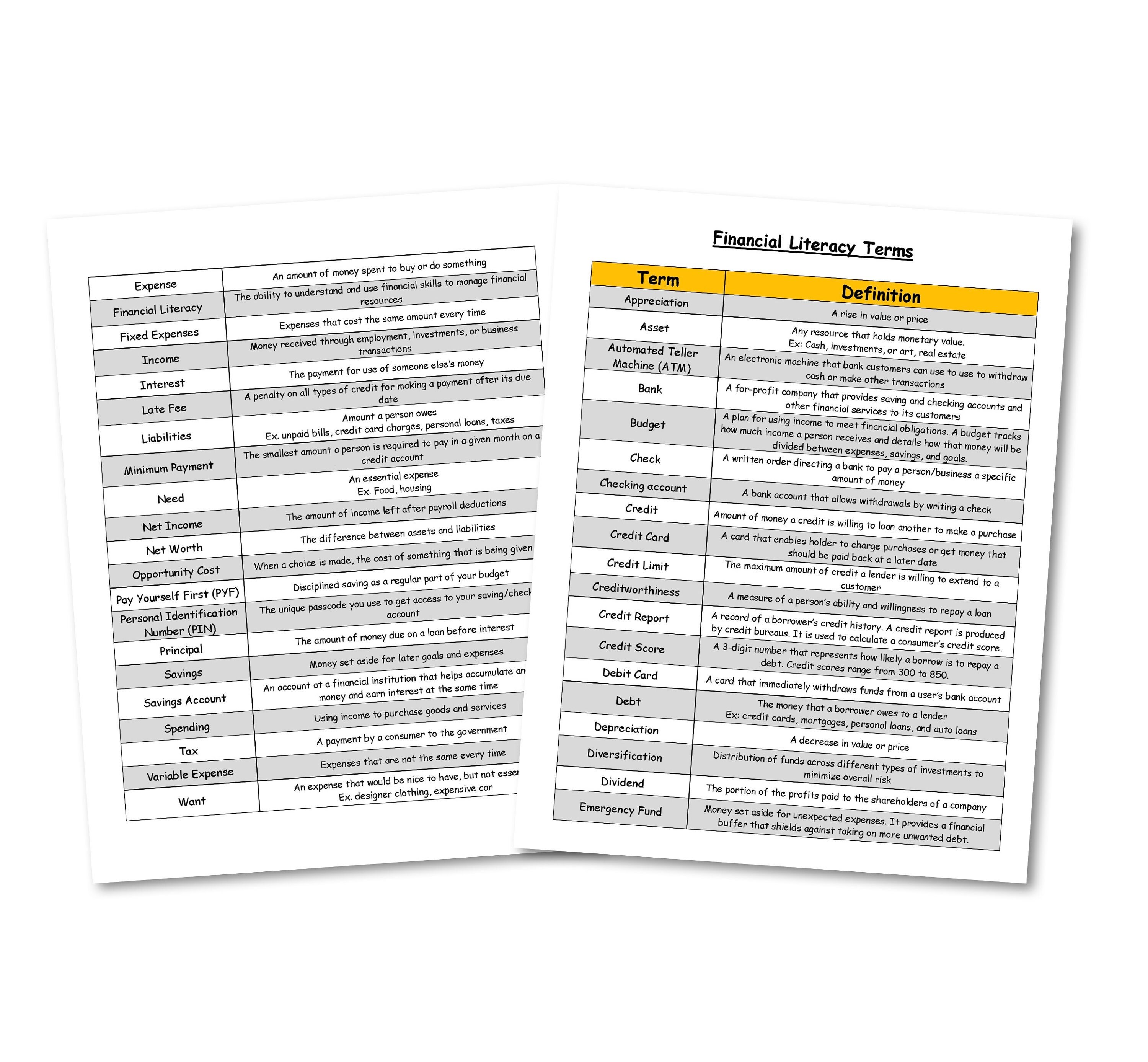 Financial Literacy Key Terms Quick Reference Sheet INSTANT | Etsy
