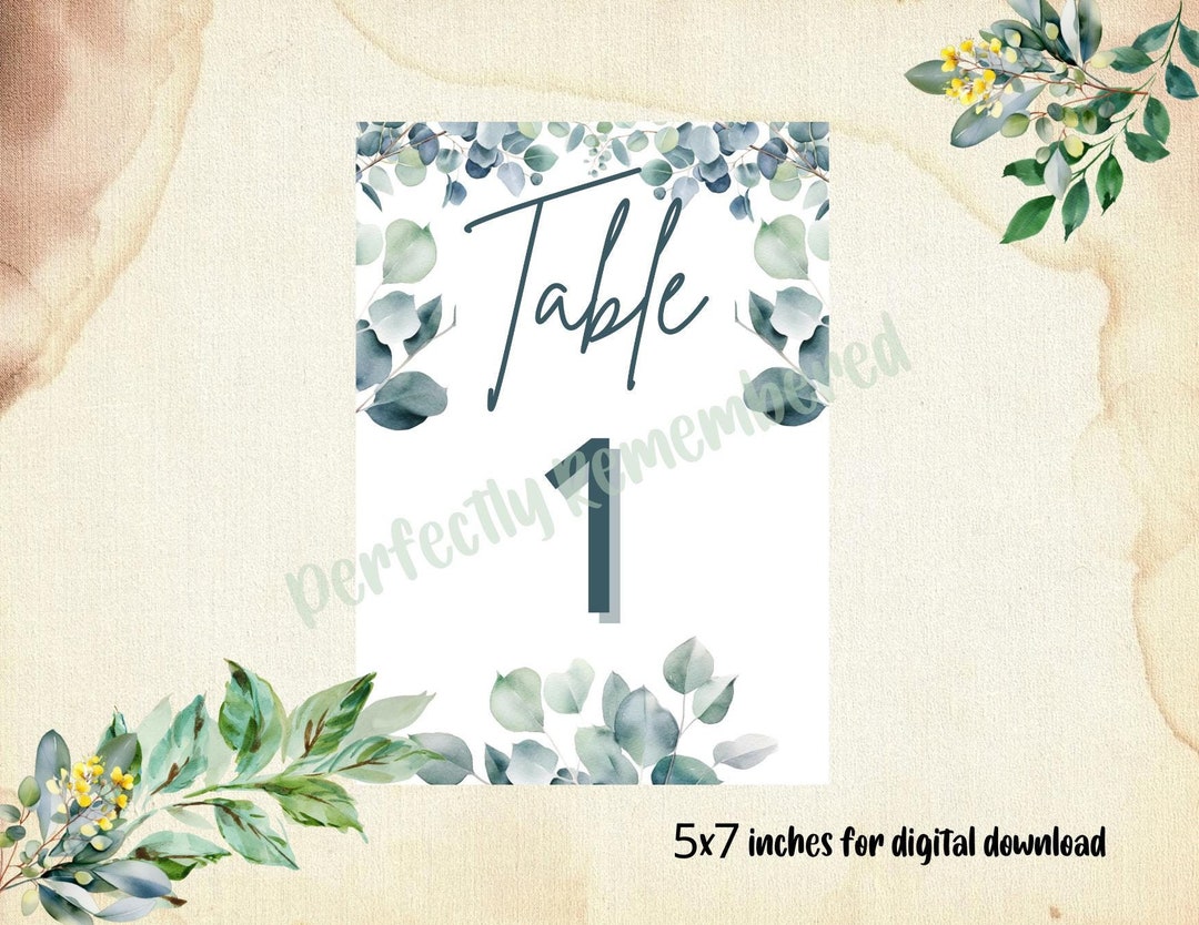Eucalyptus Wedding Table Numbers: Printable 5x7 PNG (digital Download ...