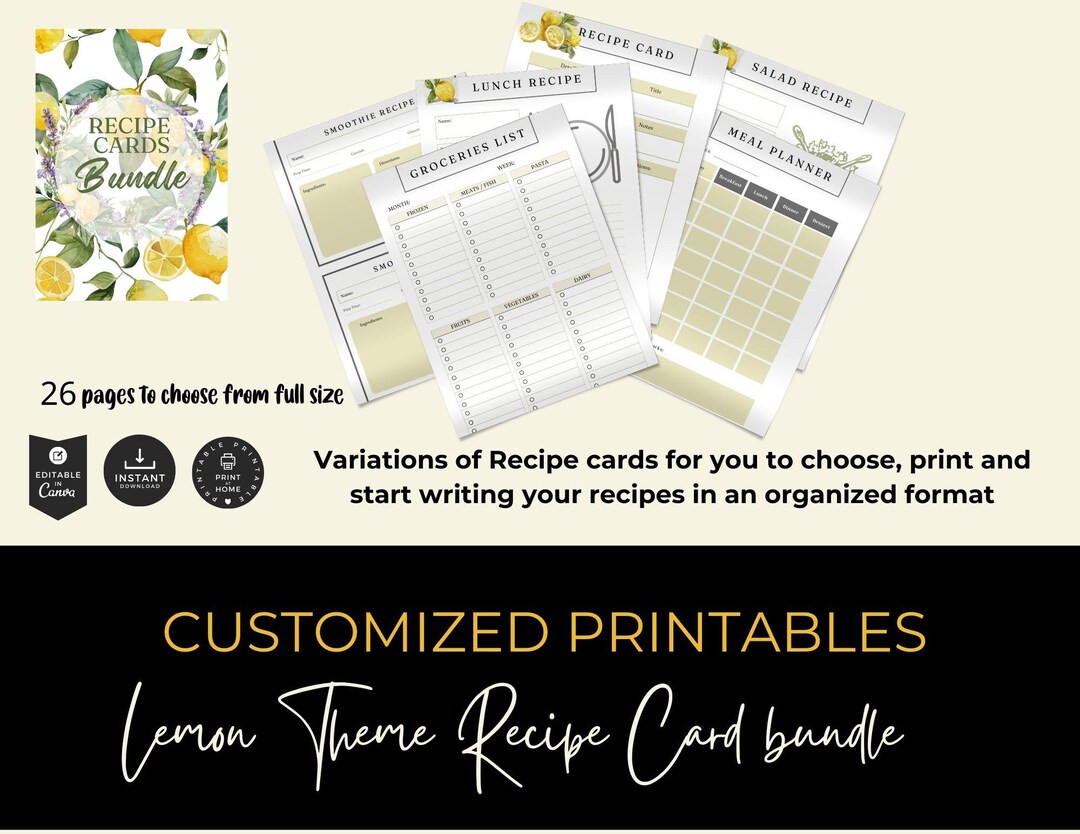 Lemon Recipe Card Bundle: Printable Meal Planning Pages (PDF) - Etsy