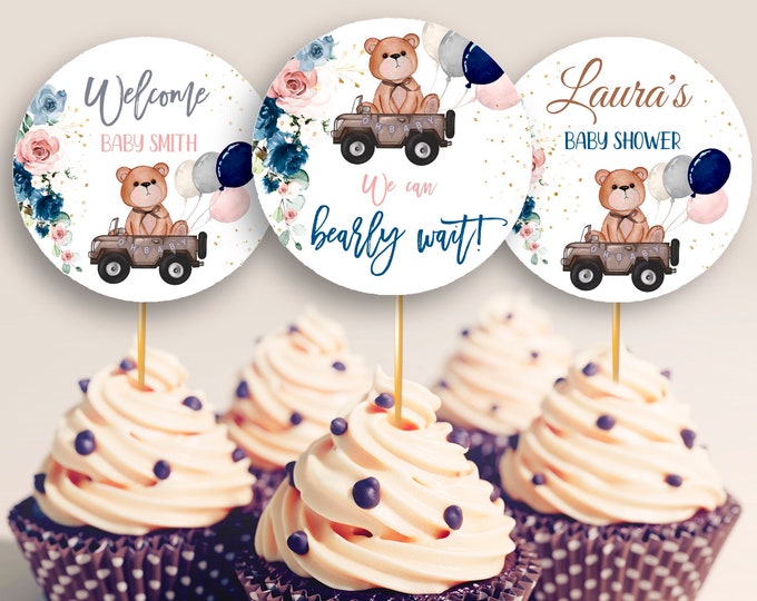 Editable Cupcake Toppers Teddy Bear Baby Shower Favors Gift Tags Favor ...
