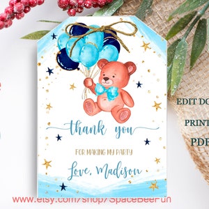 Editable Bear Thank You Birthday Favor Tags Beary Much Little Cub Tag ...