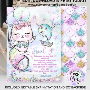 Caticorn Mermaid Birthday Thank You Card, Magical Day Unicorn Party ...