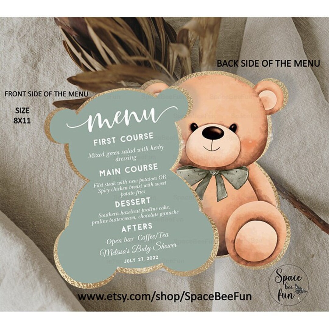 Teddy Bear Baby Shower Birthday Menu Green Boy 1st Birthday Bear Party ...