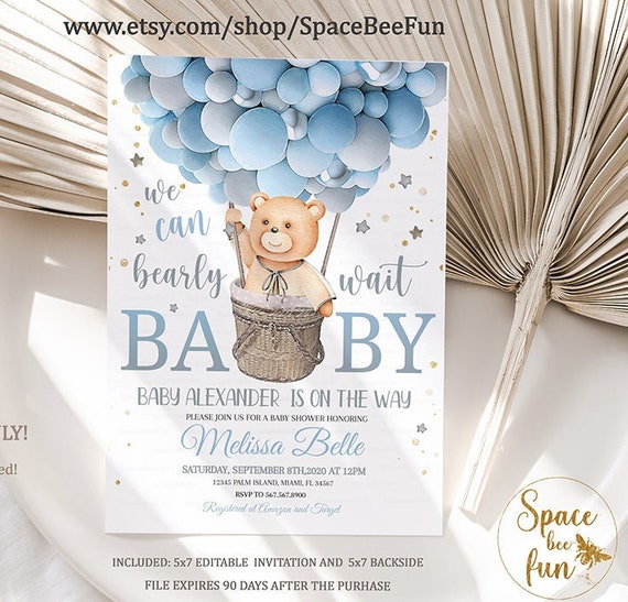 Editable Teddy Bear Baby Shower Invitation We Can Bearly Wait Bear 
