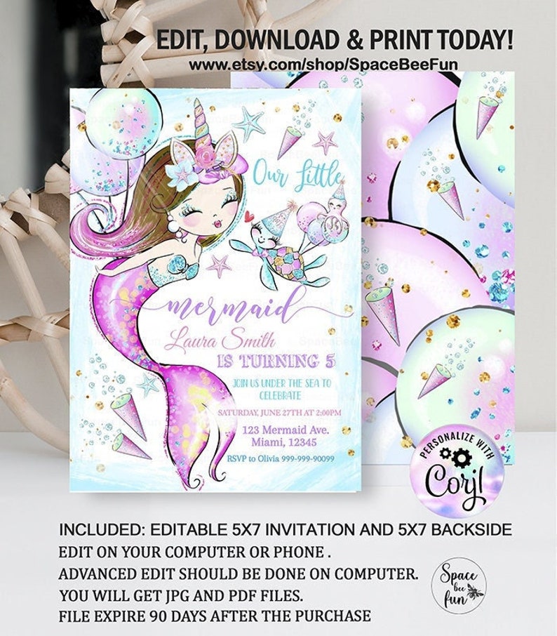Editable Mermaid Birthday Invitation Unicorn Mermaid Party - Etsy