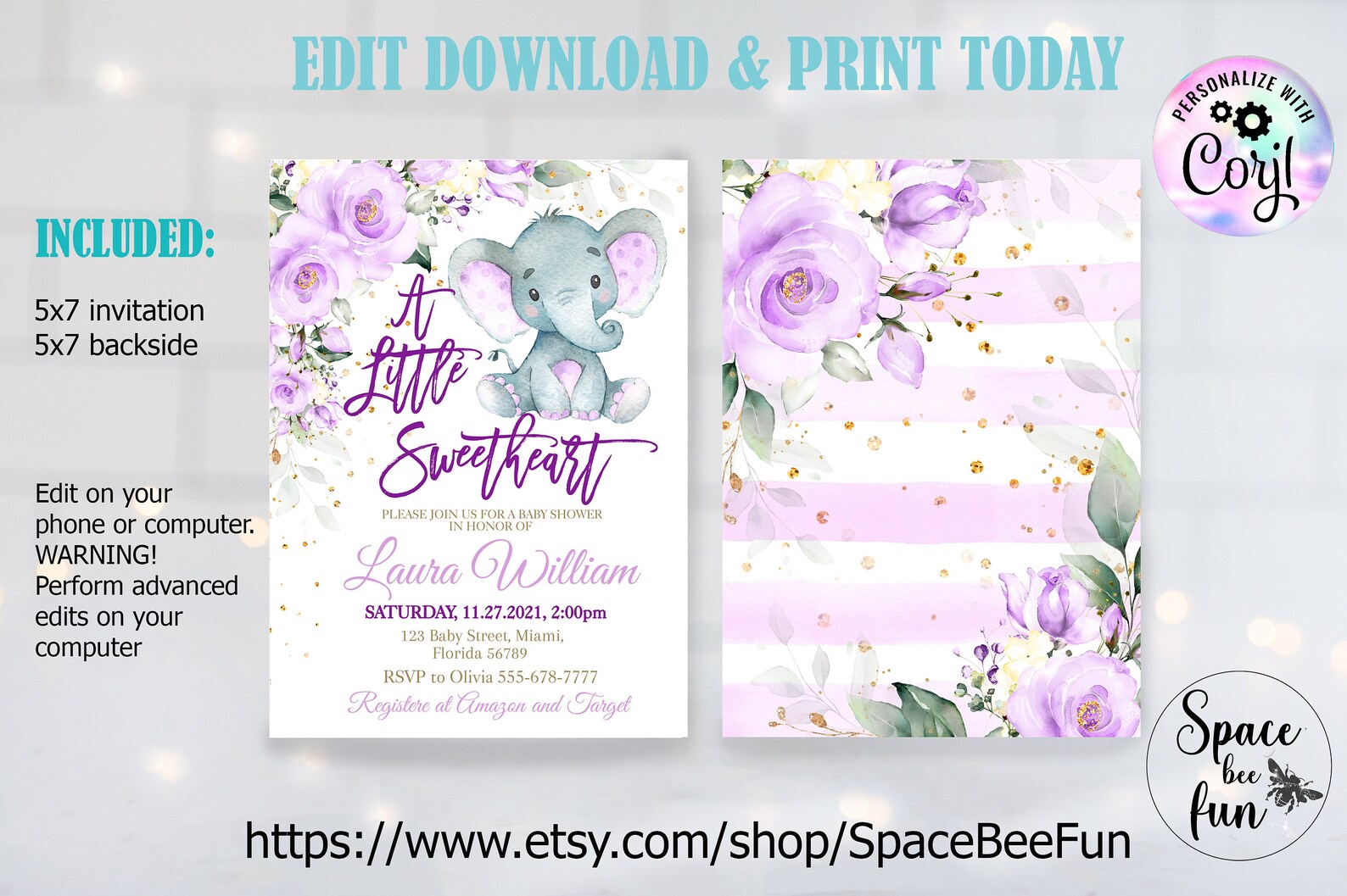 EDITABLE Purple Elephant Baby Shower Invitation Girl Shower | Etsy