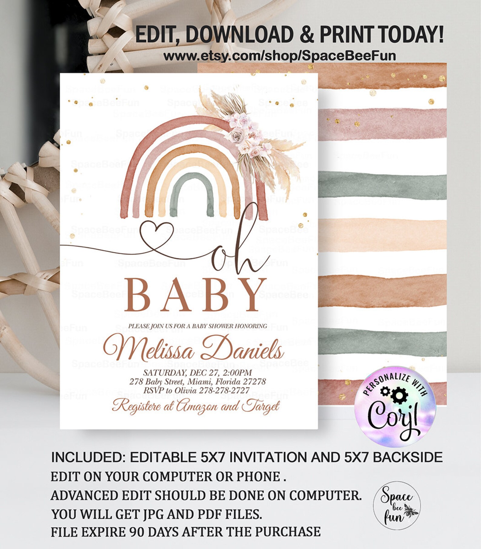 Editable Boho Rainbow Baby Shower Invitation Set Oh Baby - Etsy