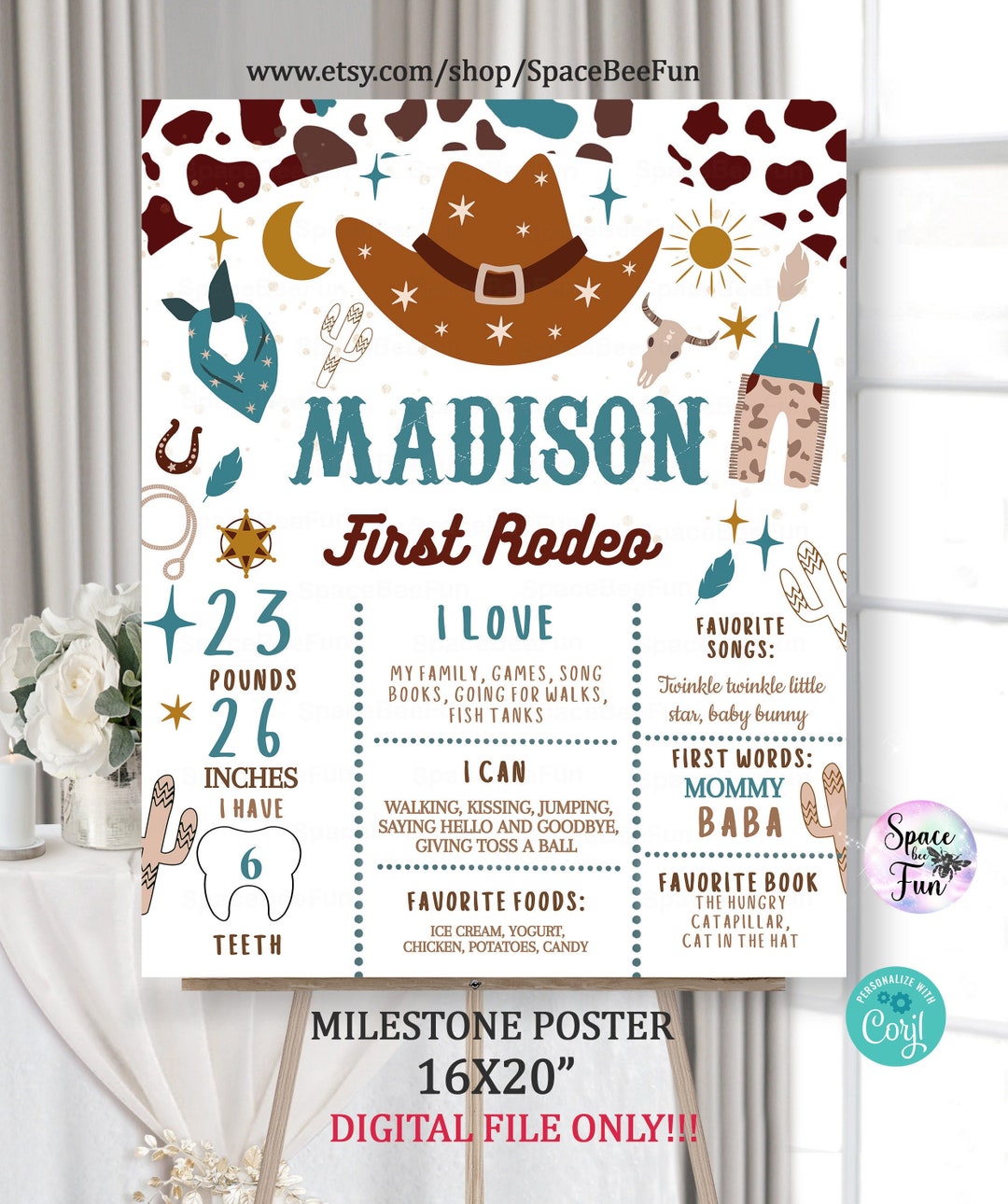 Editable Rodeo Cowboy Birthday Milestone Board Wild West Cowboy ...