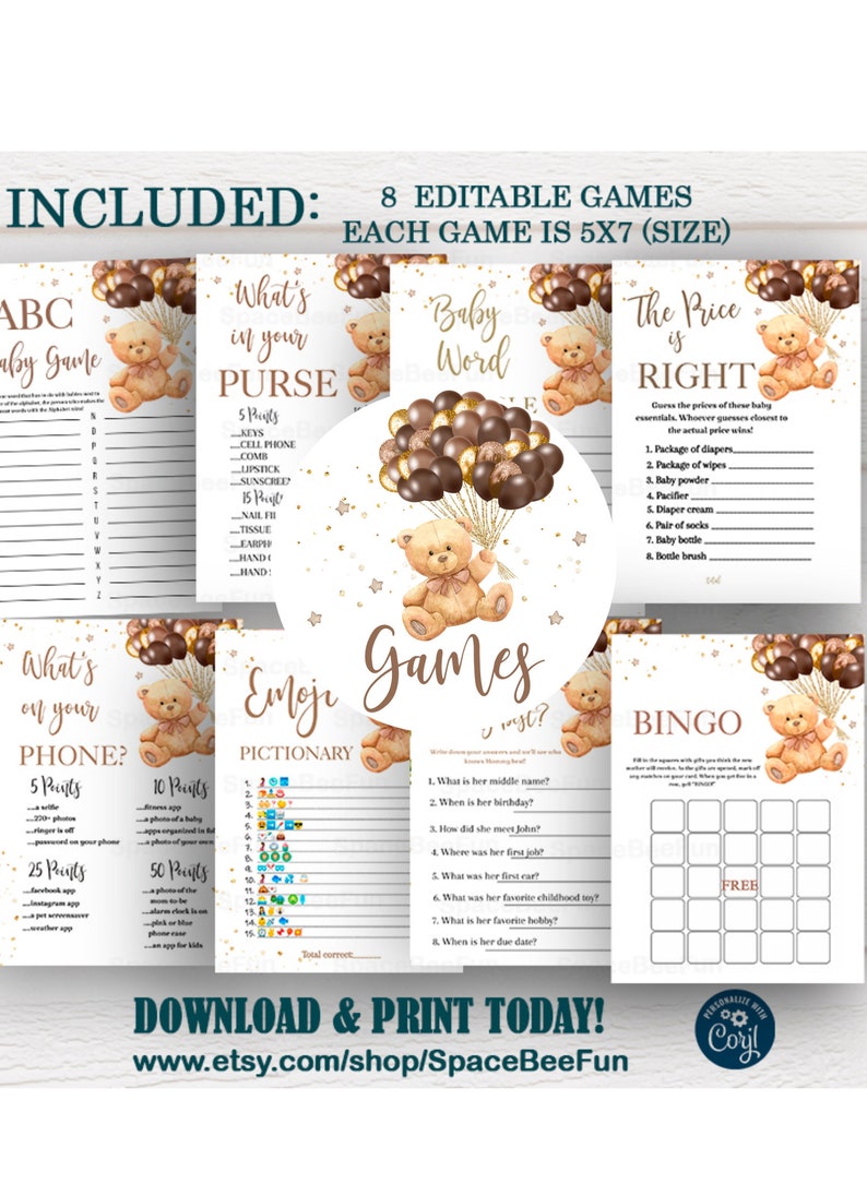 EDITABLE Teddy Bear Baby Shower Games Boy Games Teddy Bear - Etsy