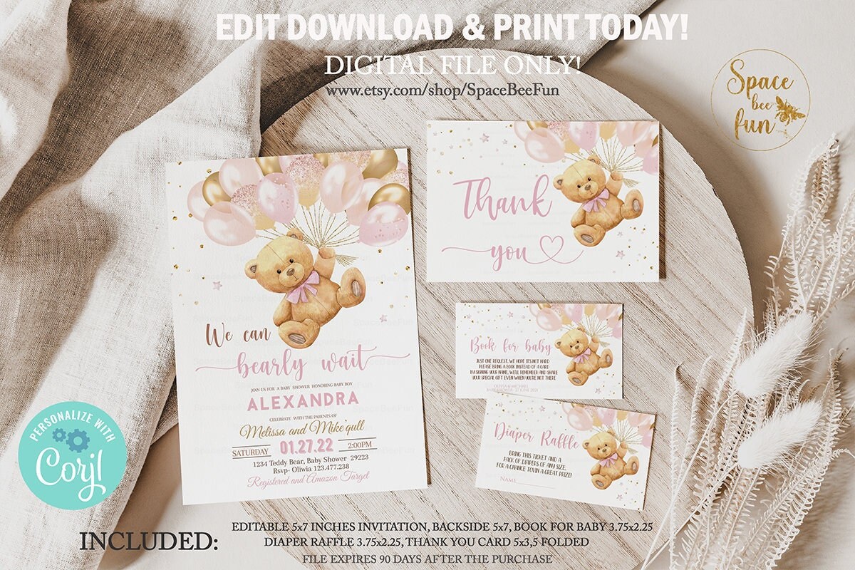 Editable Teddy Bear Baby Shower Invitation Bundle With Teddy - Etsy