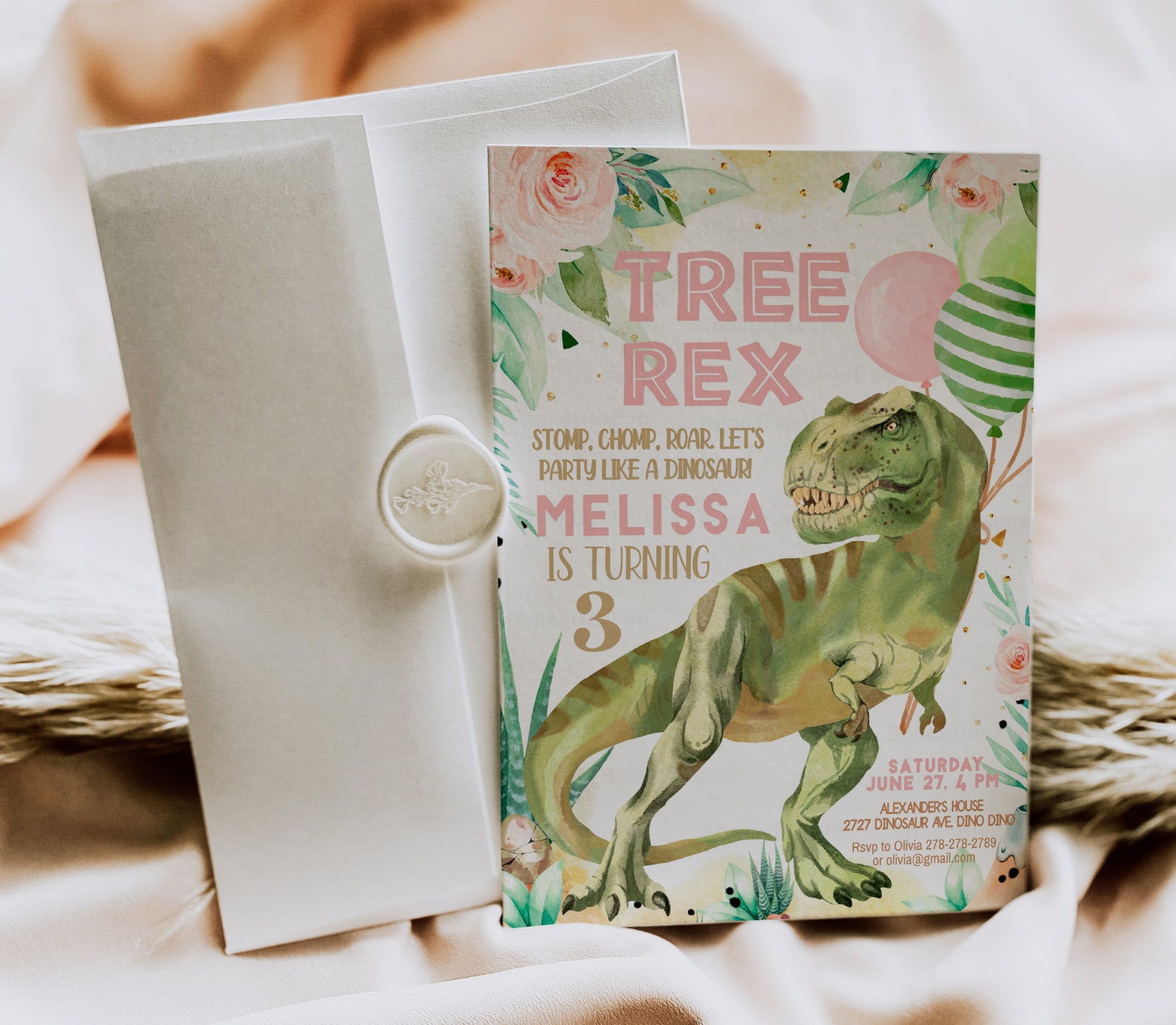 Editable Dinosaur Three Rex Invitation Girl Dinosaur Party - Etsy