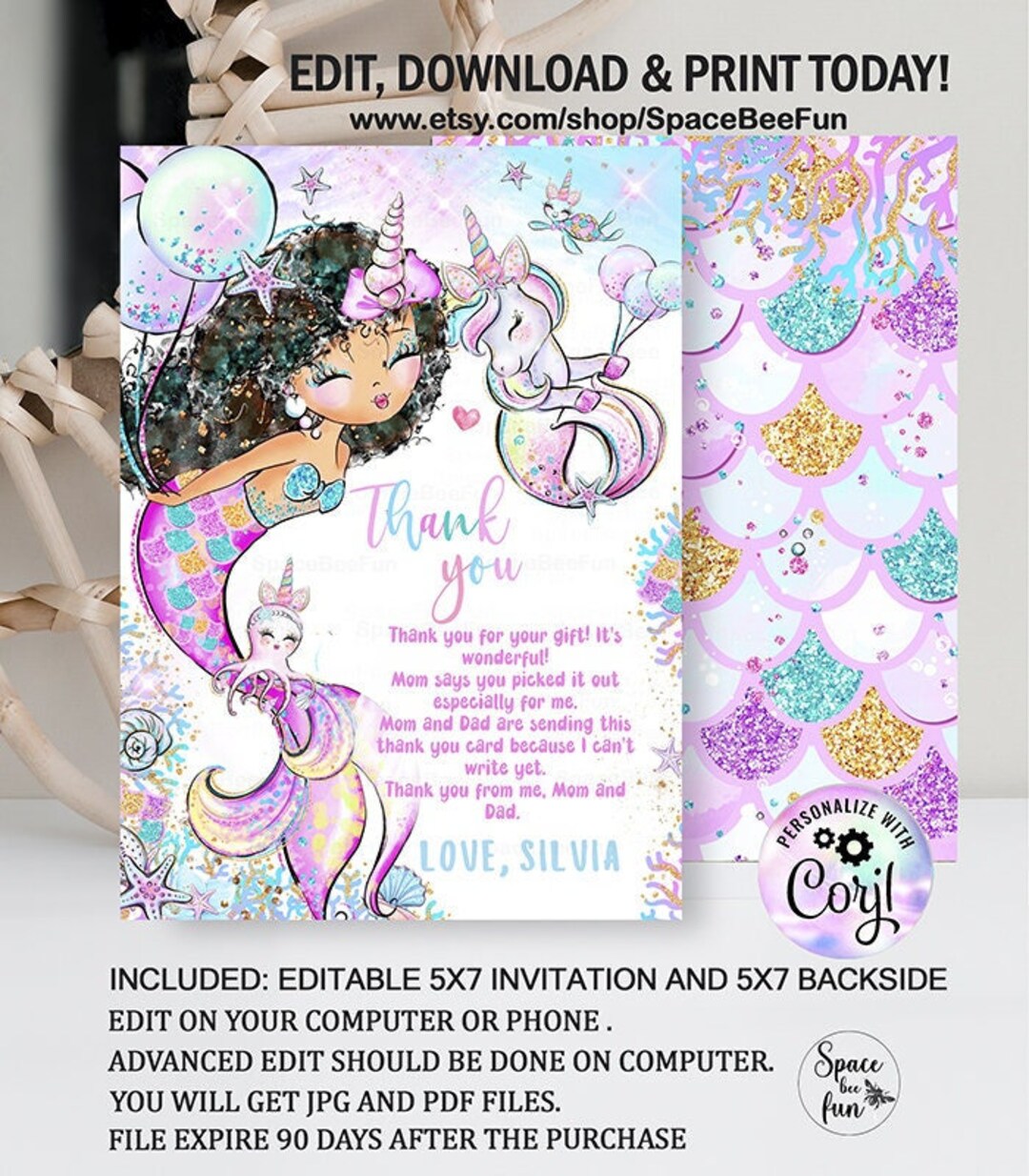 Editable Mermaid Birthday Thank You Card Unicorn Mermaid African Girl ...