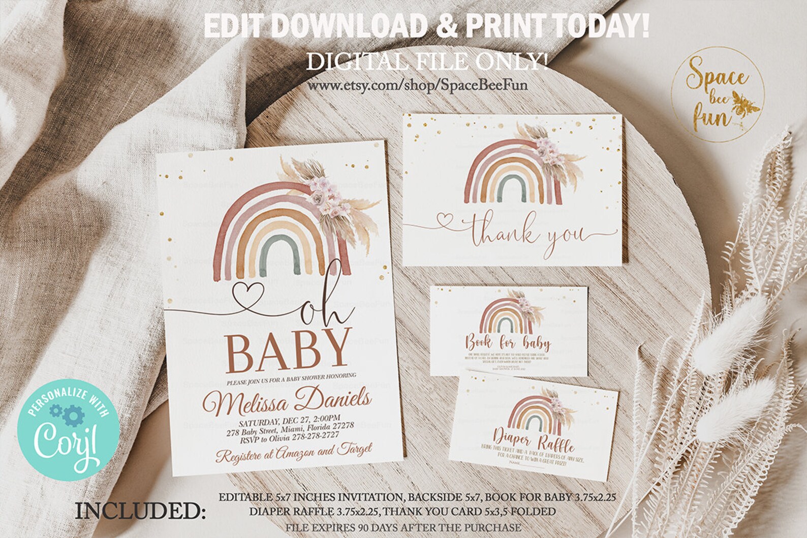 Editable Boho Rainbow Baby Shower Invitation Set Oh Baby - Etsy