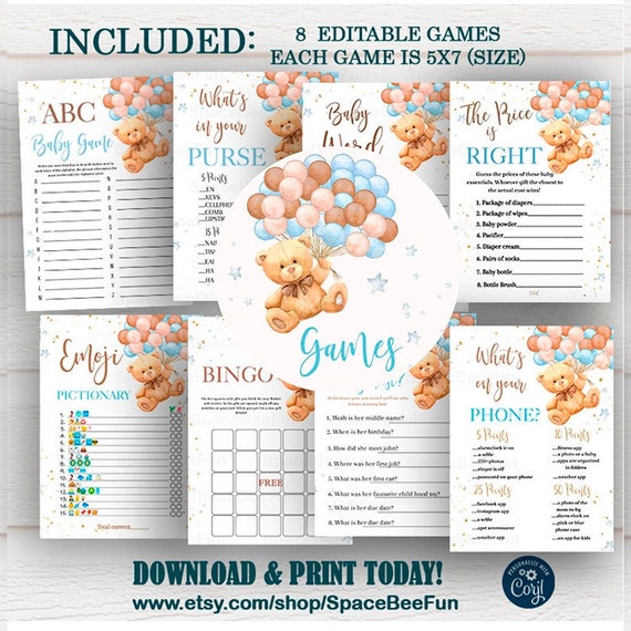 EDITABLE Teddy Bear Baby Shower Games Boy Games Teddy Bear - Etsy