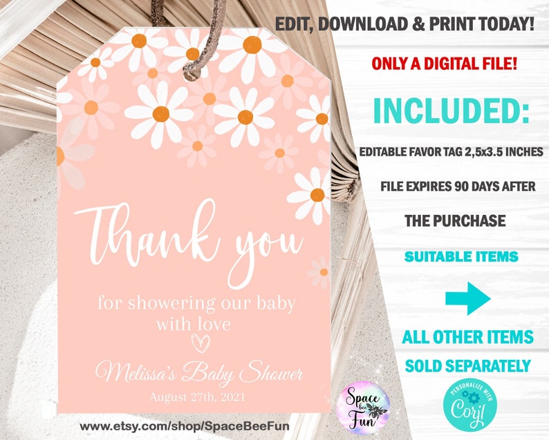 Editable Daisy Baby Shower Favor Tag Thank You Tags Favors - Etsy