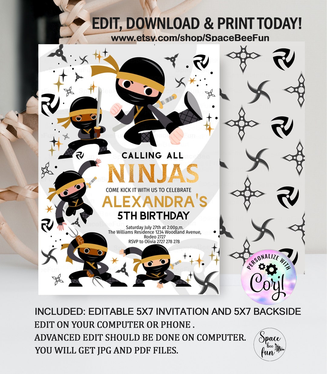 Editable Ninja Birthday Party Invitation GOLD Karate Party Warrior ...