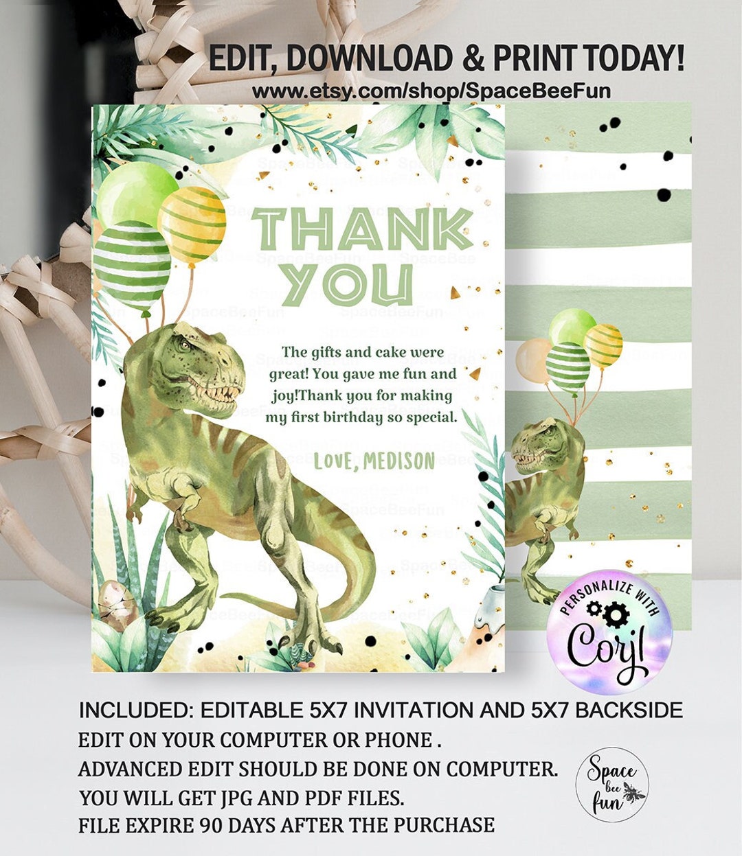 Editable Dinosaur Three Rex Thank You Card Boy, Dinosaur Party Birthday ...
