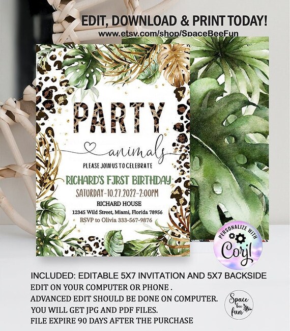 Editable Leopard Print Party Animals Safari Birthday Boy Party | Etsy