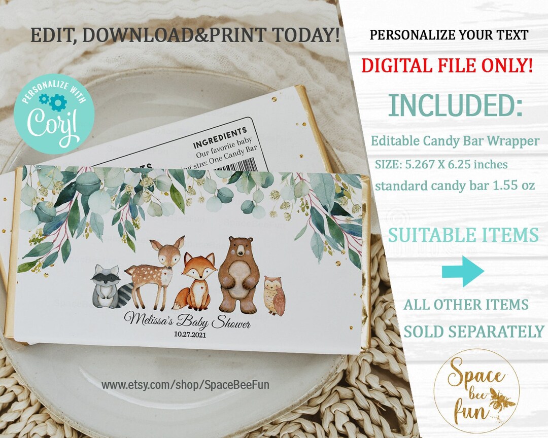 EDITABLE Woodland Animals Baby Shower Chocolate Bar Wrapper Template ...