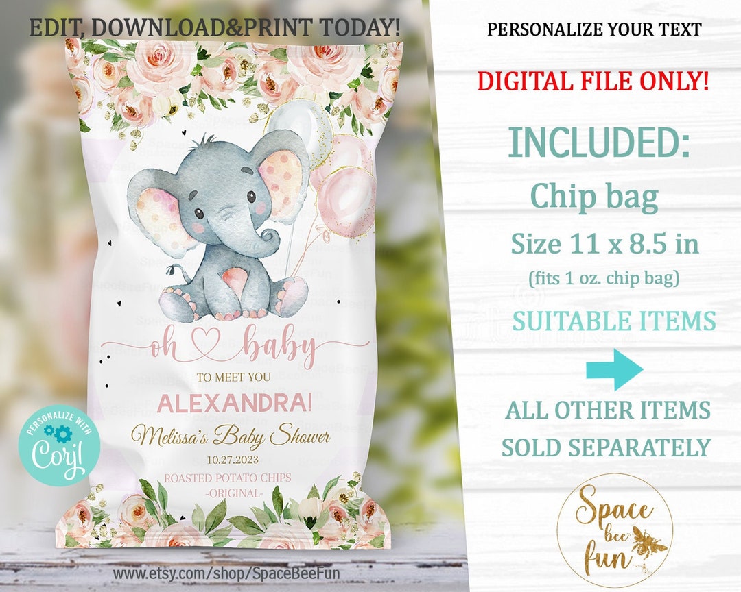 EDITABLE Chips Bag Label, Elephant Girl Baby Shower Safari Jungle Blush ...