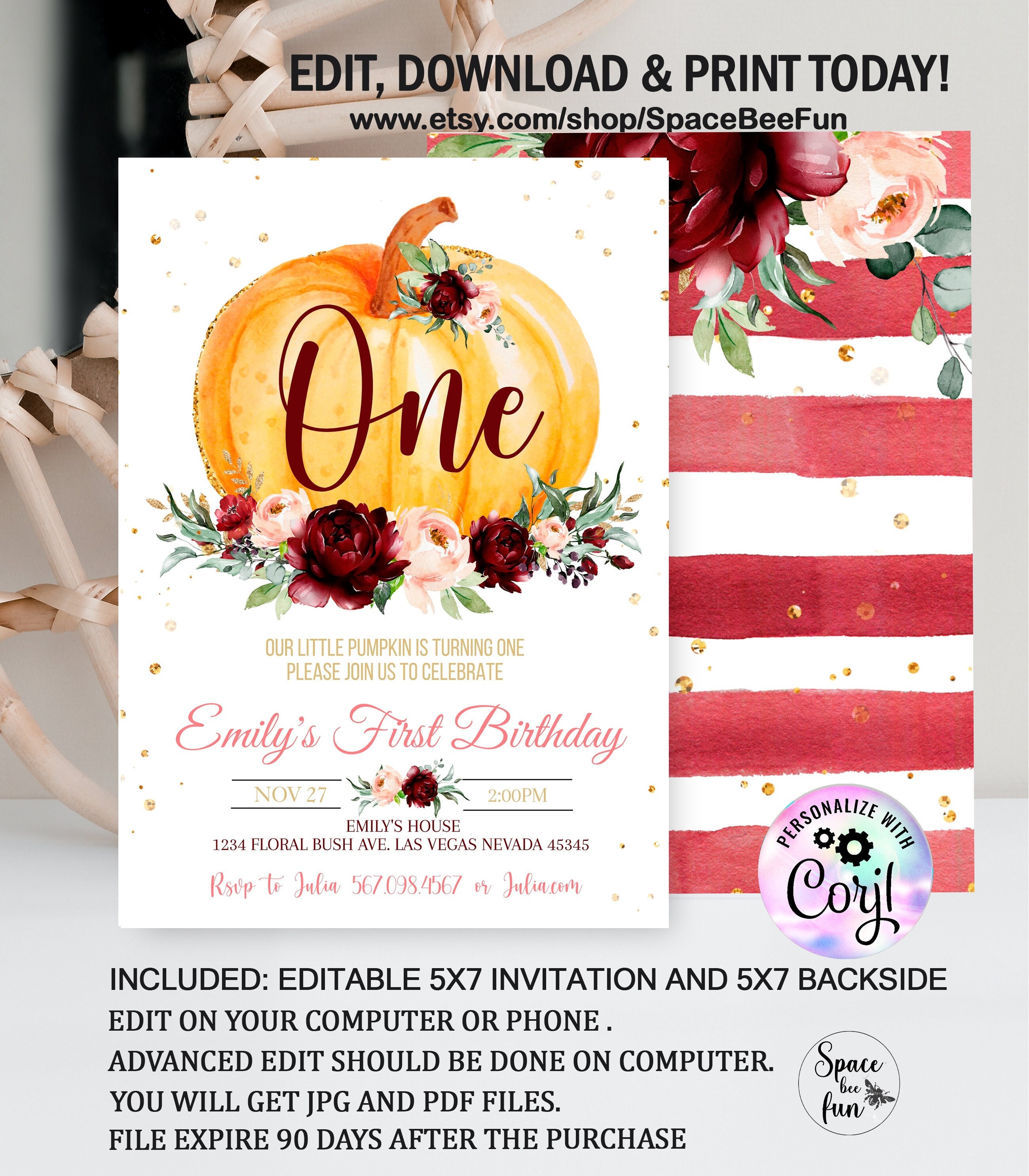 Editable Pumpkin First Birthday Invitation Little Pumpkin Fall - Etsy