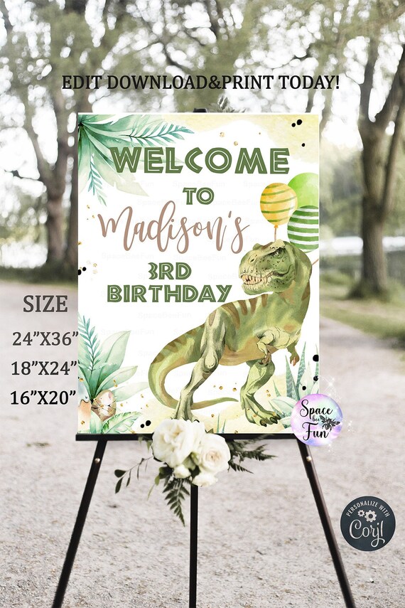 Editable Dinosaur Three Rex Welcome Sign Boy, Dinosaur Party birthday ...