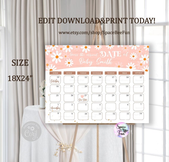 Editable Daisy Baby shower Due Date calendar game Boho Retro Daisy ...