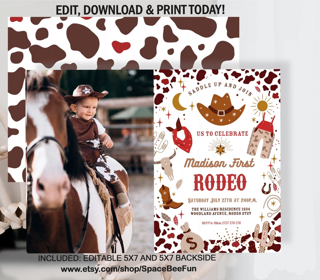 Cowboy My First Rodeo Invitation Red With Photo Birthday Invite ...