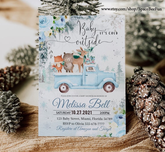 Editable Winter Woodland animals Blue Truck Snowy Baby Shower ...