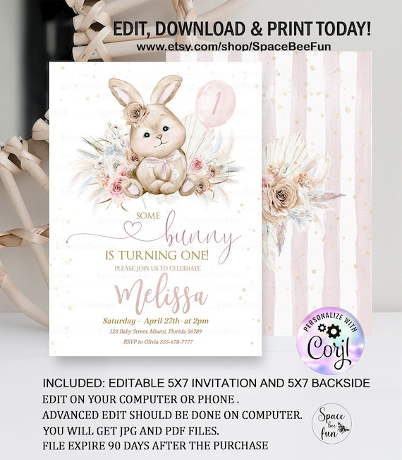 EDITABLE Bunny Rabbit Birthday Invitation Girl Bunny 1st | Etsy