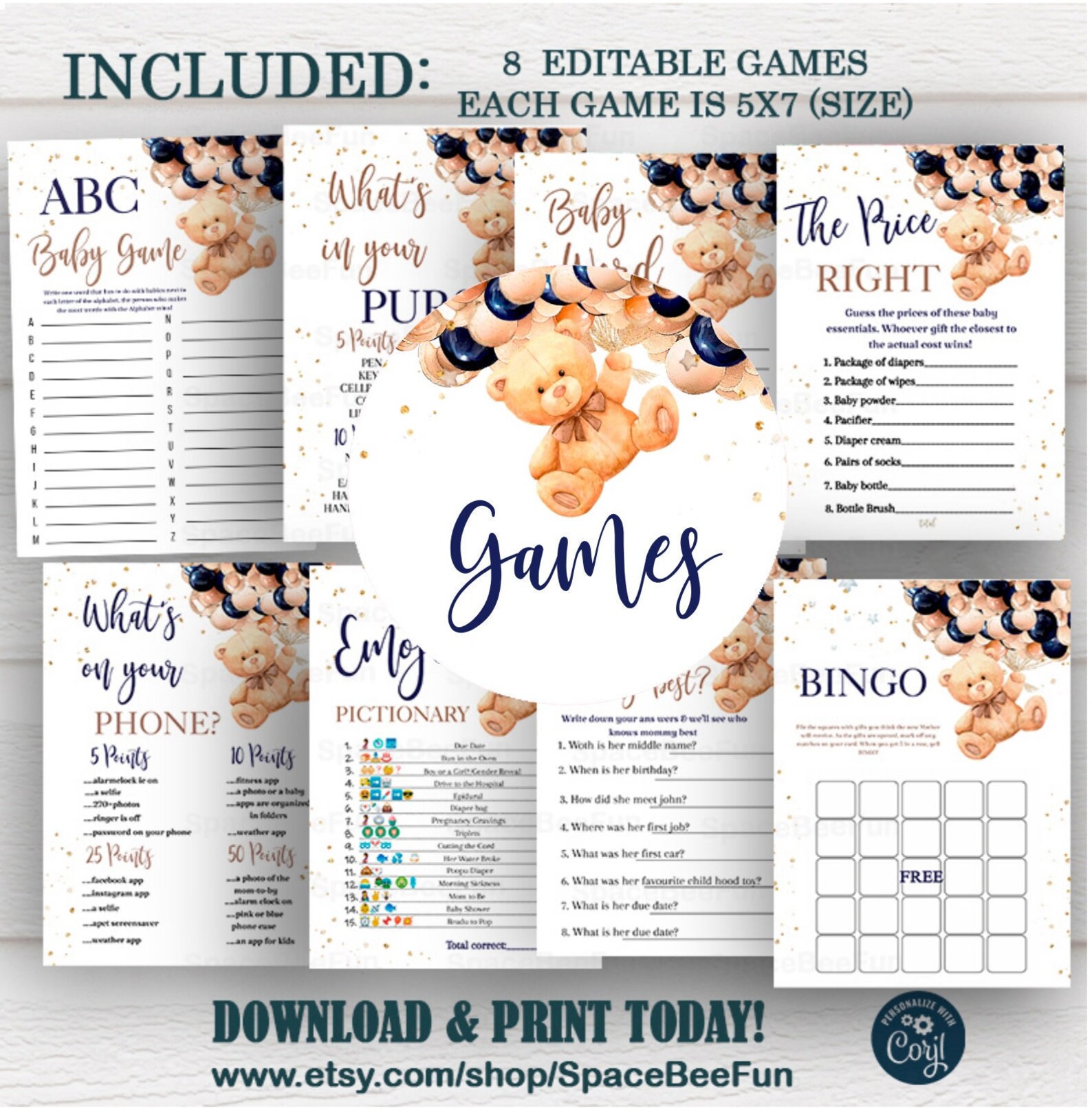 EDITABLE Teddy Bear Baby Shower Games Boy Games Teddy Bear - Etsy