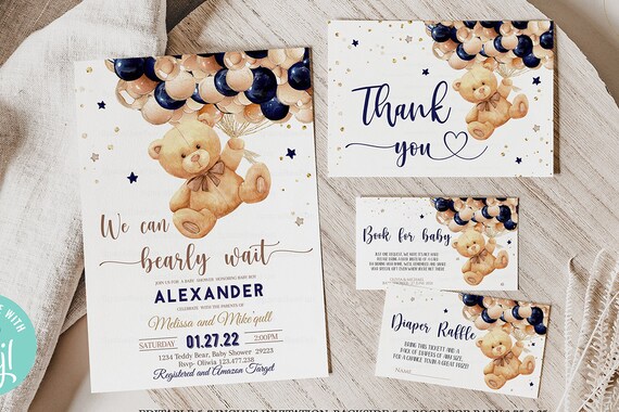 Editable Teddy Bear Baby Shower Invitation Bundle With Teddy | Etsy