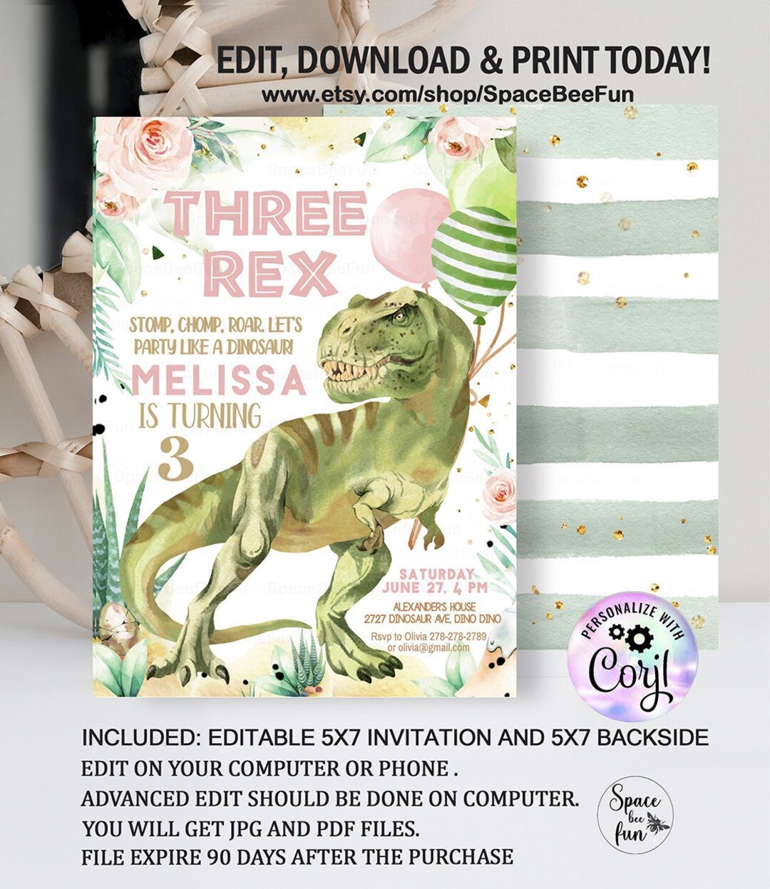 Editable Dinosaur Three Rex Invitation Girl, Dinosaur Party Birthday ...