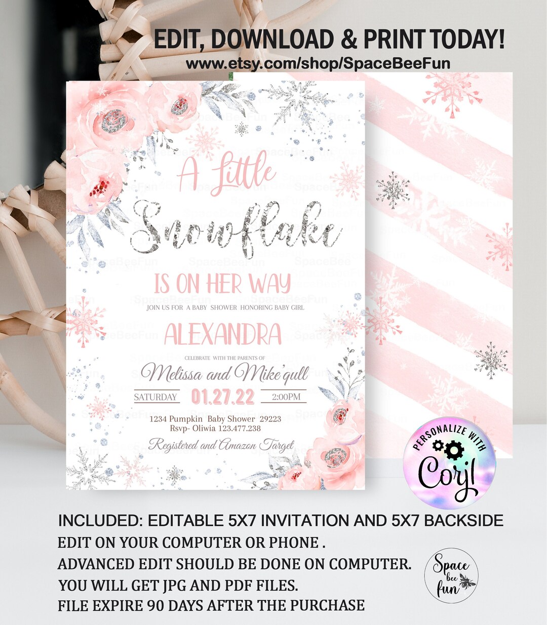 Editable Snowflake Baby Shower Invitation Theme A Little Snowflake is ...