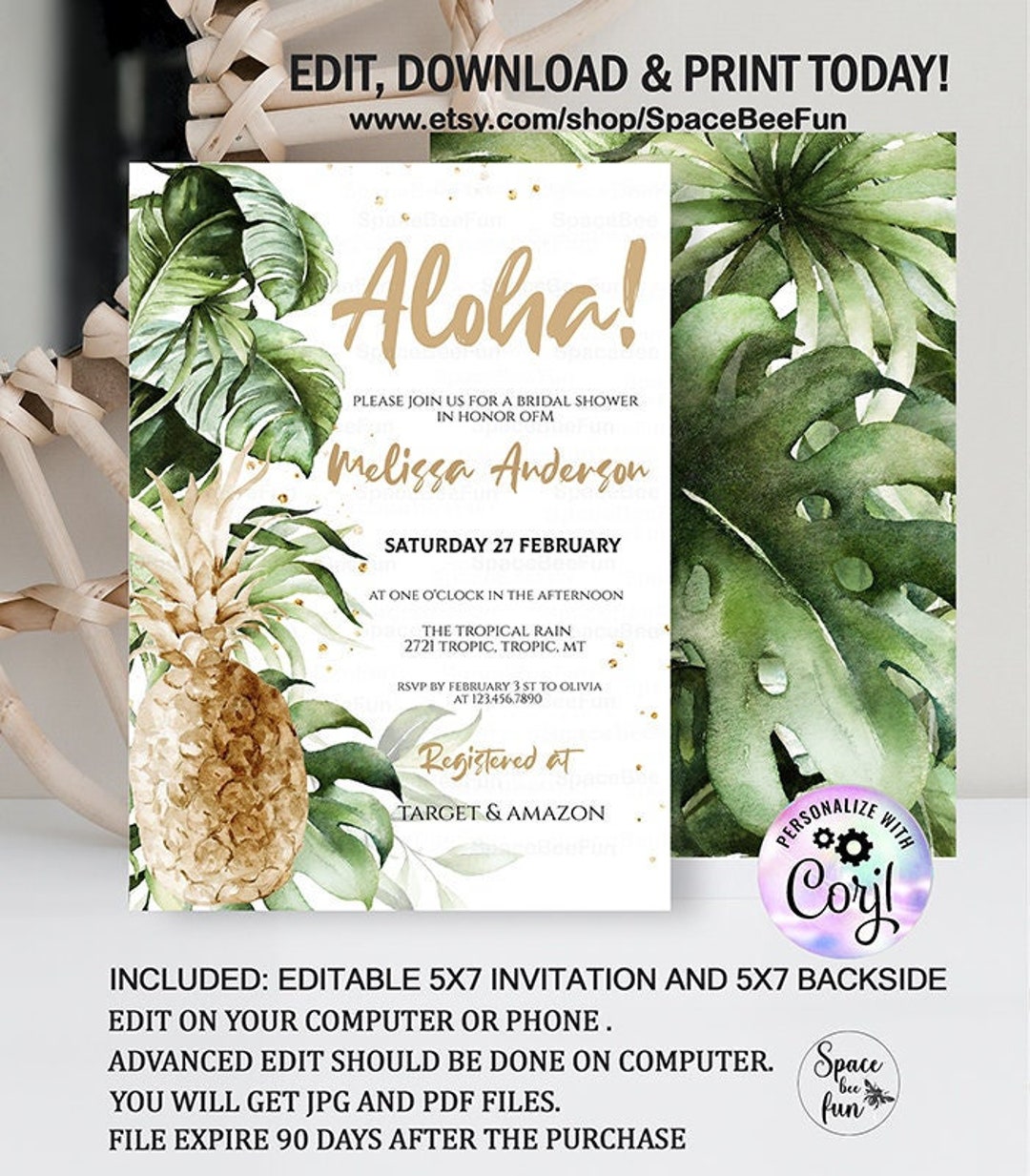 EDITABLE Tropical Aloha Bridal Shower Invitation Summer Wedding Shower ...
