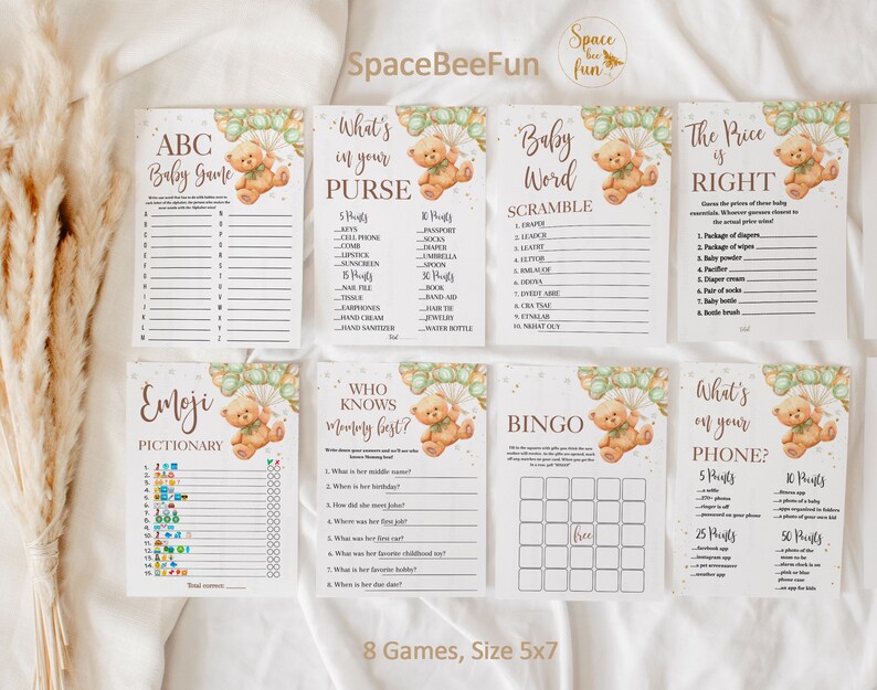 EDITABLE Teddy Bear Baby Shower Games Green Games Teddy Bear - Etsy
